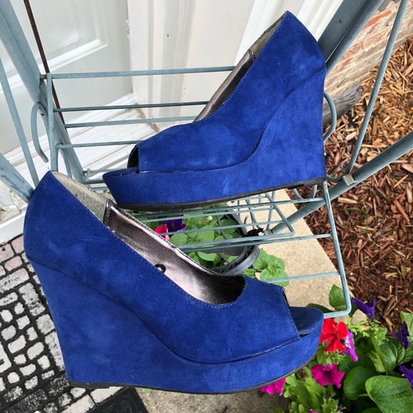 Express | Shoes | Royal Blue Faux Suede Express Wedges Peep Toe | Poshmark